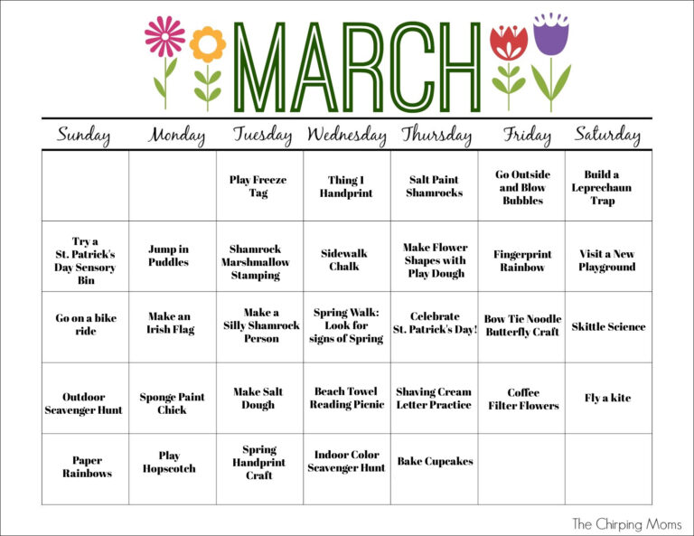 March Activity Calendar for Kids - The Chirping Moms